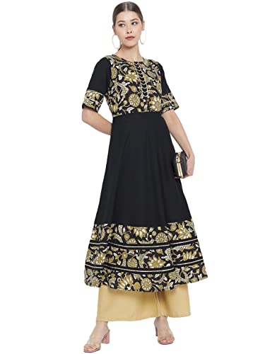 Yash Gallery Women's Cotton Floral Print Anarkali Kurta (Black)