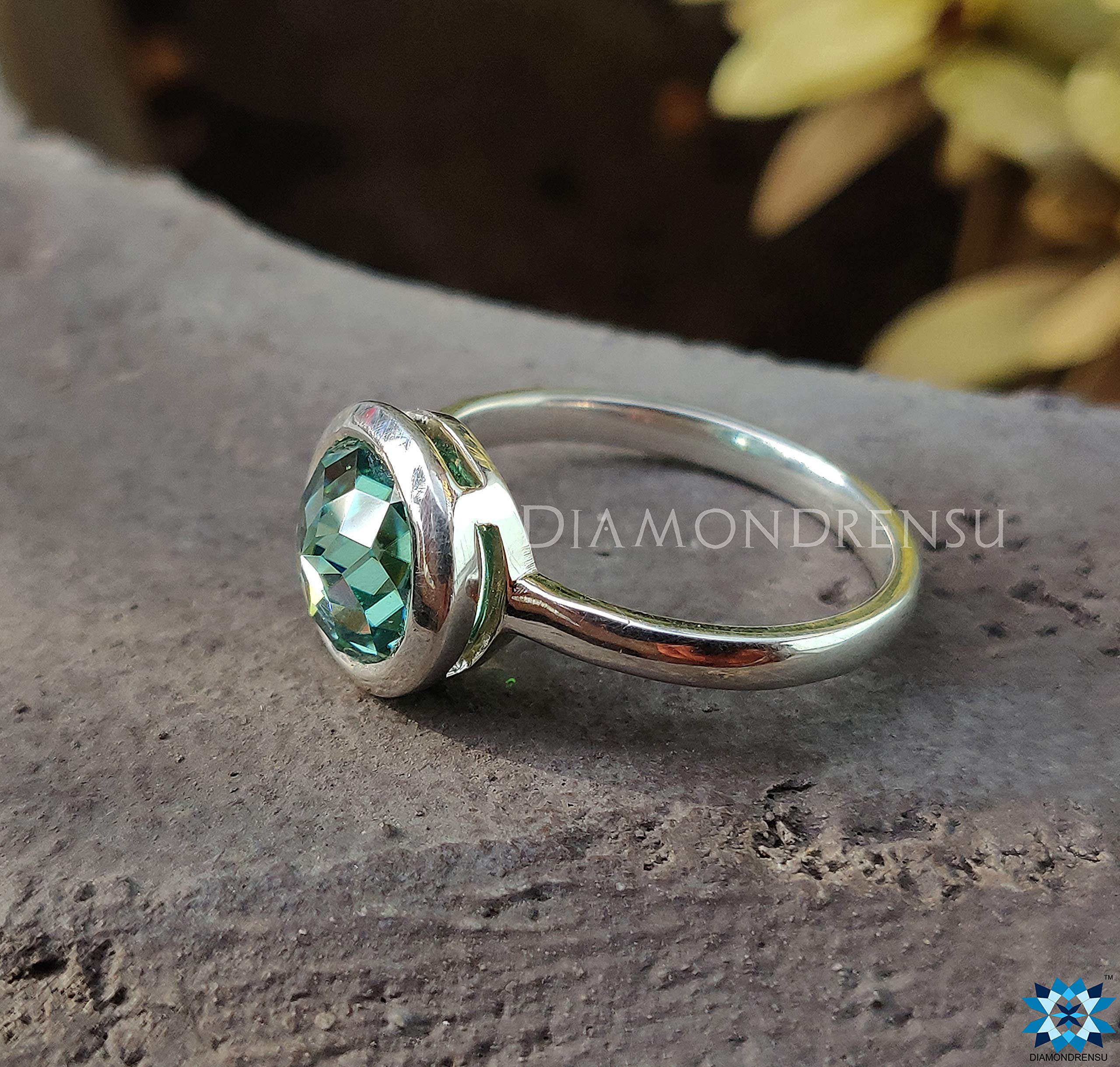Diamondrensu Bezel Set Solitaire Ring, 2.01 CT Round Rose Cut Cyan Blue Moissanite Engagement Ring, 925 Silver, Wedding Ring, Bridal, Ring size 10 US