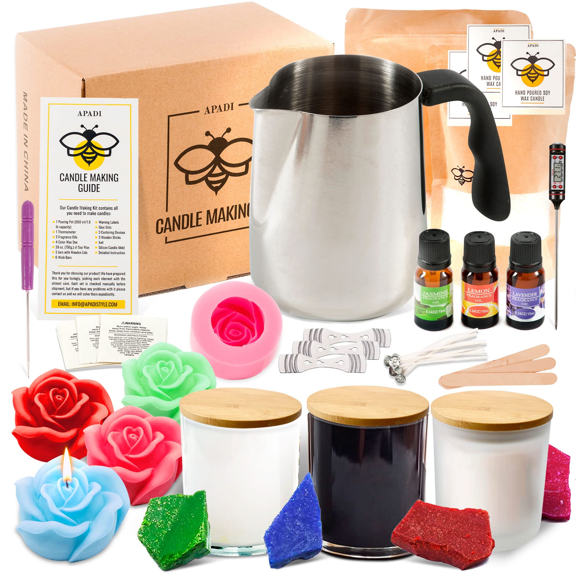 DIY Soy Candle Making Kit for Adults with Big Glass Candle Jars - Candle Making Supplies - Candle Rose Mold - Wicks - Soy Wax Flakes Candle Making Kits - Full Beginners Set (Multi-Colored)