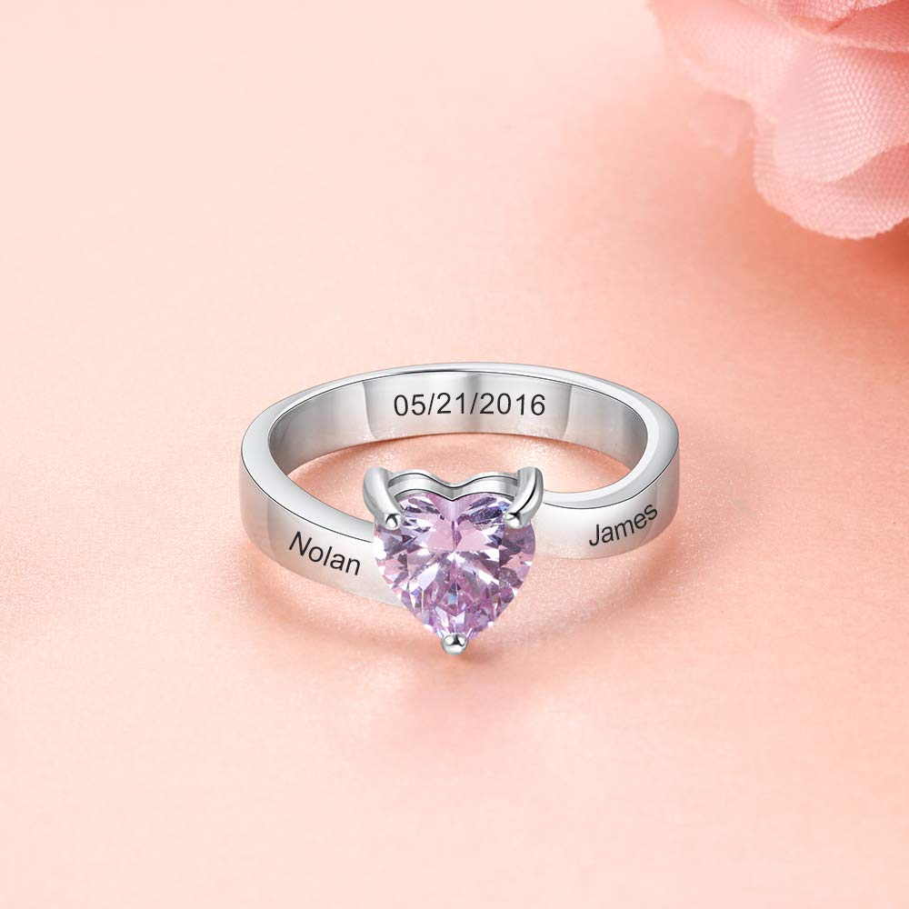 GLAMCARAT Personalized heart sterling silver ring mother’s jewelry with 1 birthstone heart shape engraved customized name birthstone ring with 1 stone
