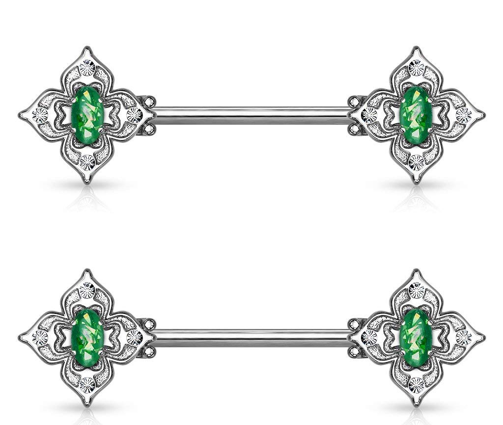Forbidden Body Jewelry Pair of Surgical Steel 9/16 Inch Posh Floral Synthetic Opal Center Nipple Barbells, Dark Green