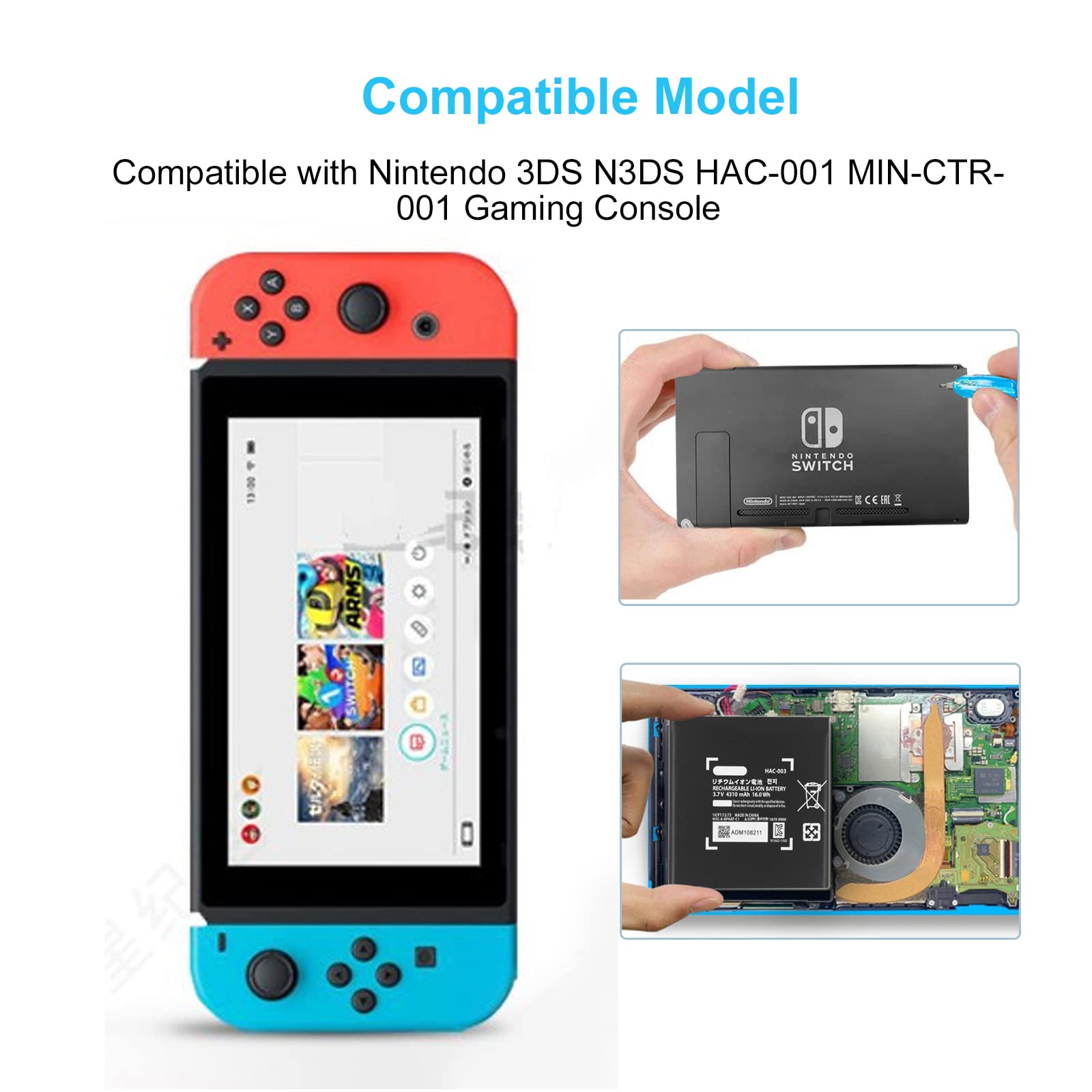 JUBOTY 4310mAh HAC-003 Battery for Nintendo Switch Game Console Model HAC-003 2017 HAC-001 Battery, 2023 New Upgrade High Conversion Li-ion High Capacity Battery Replacement with 4 Repair Tools