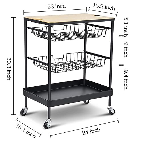 VLOBAOM Rolling Home Bar Serving Cart with Removable Wooden Tabletop & Storage Baskets, Industrial Kitchen Island Storage Shelf,24''Dx16''Wx30''H,Black