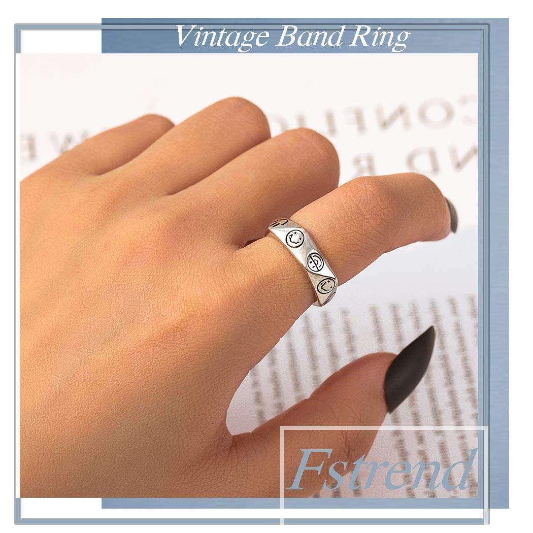 Fstrend Smily Face Ring Retro Silver Stainless Steel Rings Vintage Smiling Statement Band Adjustable Open Ring Jewelry for Women and Girls