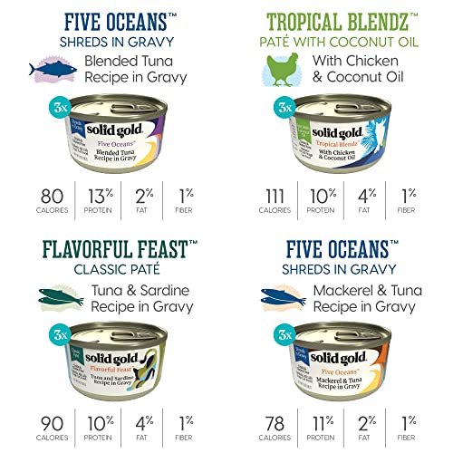 Solid Gold Wet Cat Food Variety Pack - Pate & Shreds in Gravy Recipes - Made with Real Chicken, Tuna & Mackerel for Sensitive Stomach & Immune Health - Canned, 12 Pack