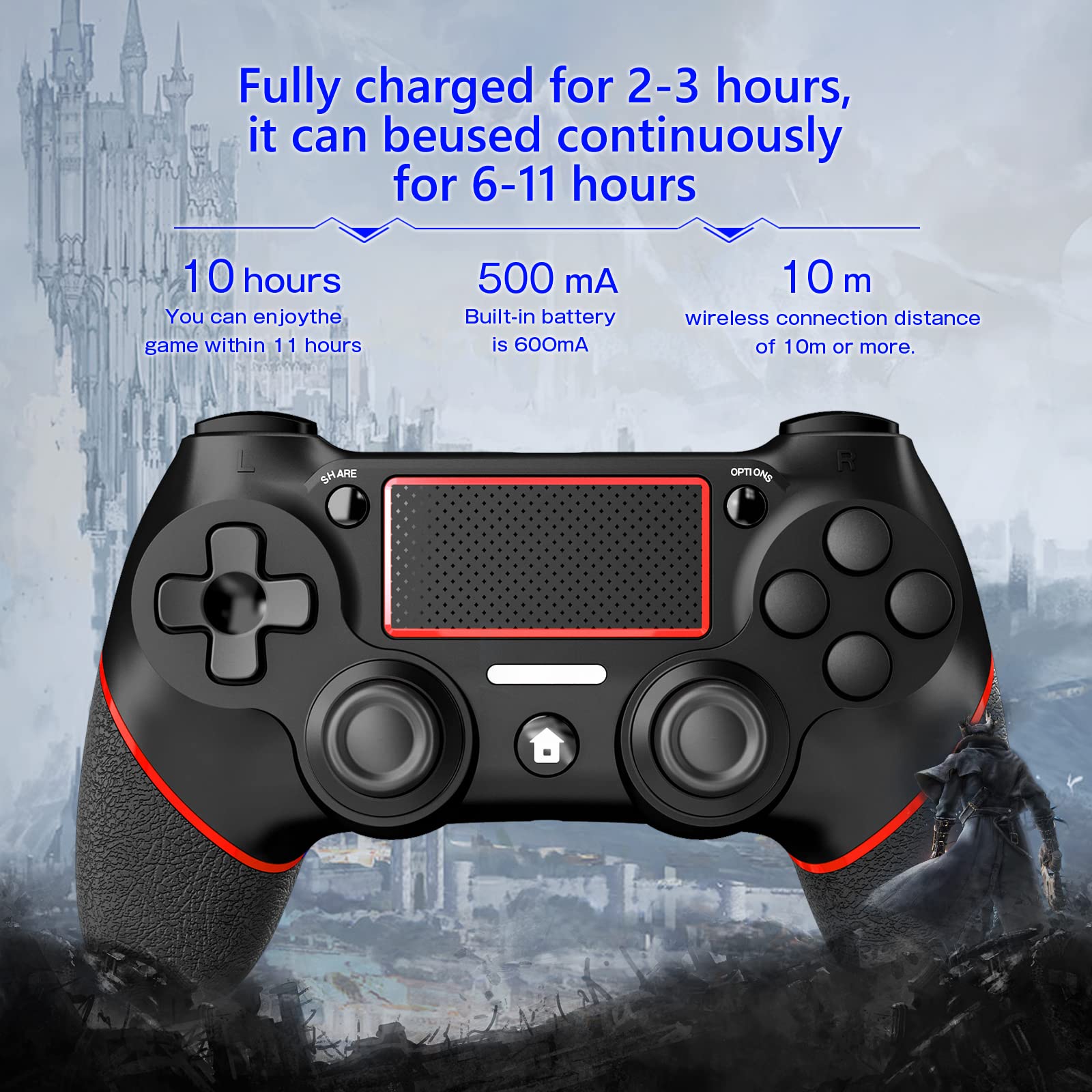 Famido Replacement for PS4 Controller, Compatible with PS4/Pro/Slim, Gamepad/Joystick Intended for Wireless PS4 Controller (red)