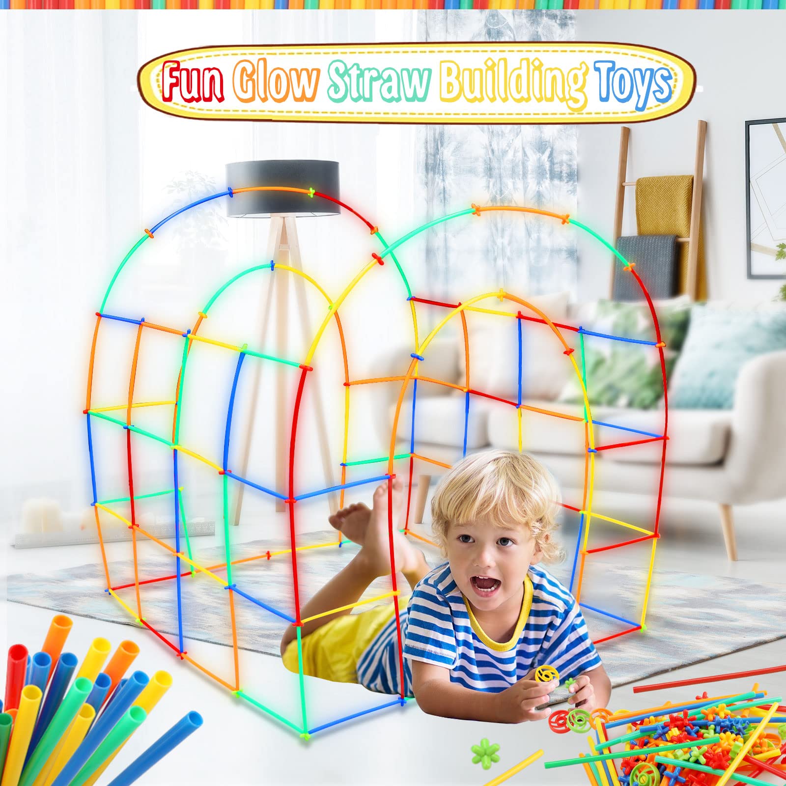 Glow Straw Connecting STEM Building Toys Set - 800 Pcs Colorful Glow in The Dark Straw Interlocking Plastic Toys, Creative Engineering Building Blocks, Gift for Kids 3 4 5 6 7 8 Year Old Boys & Girls