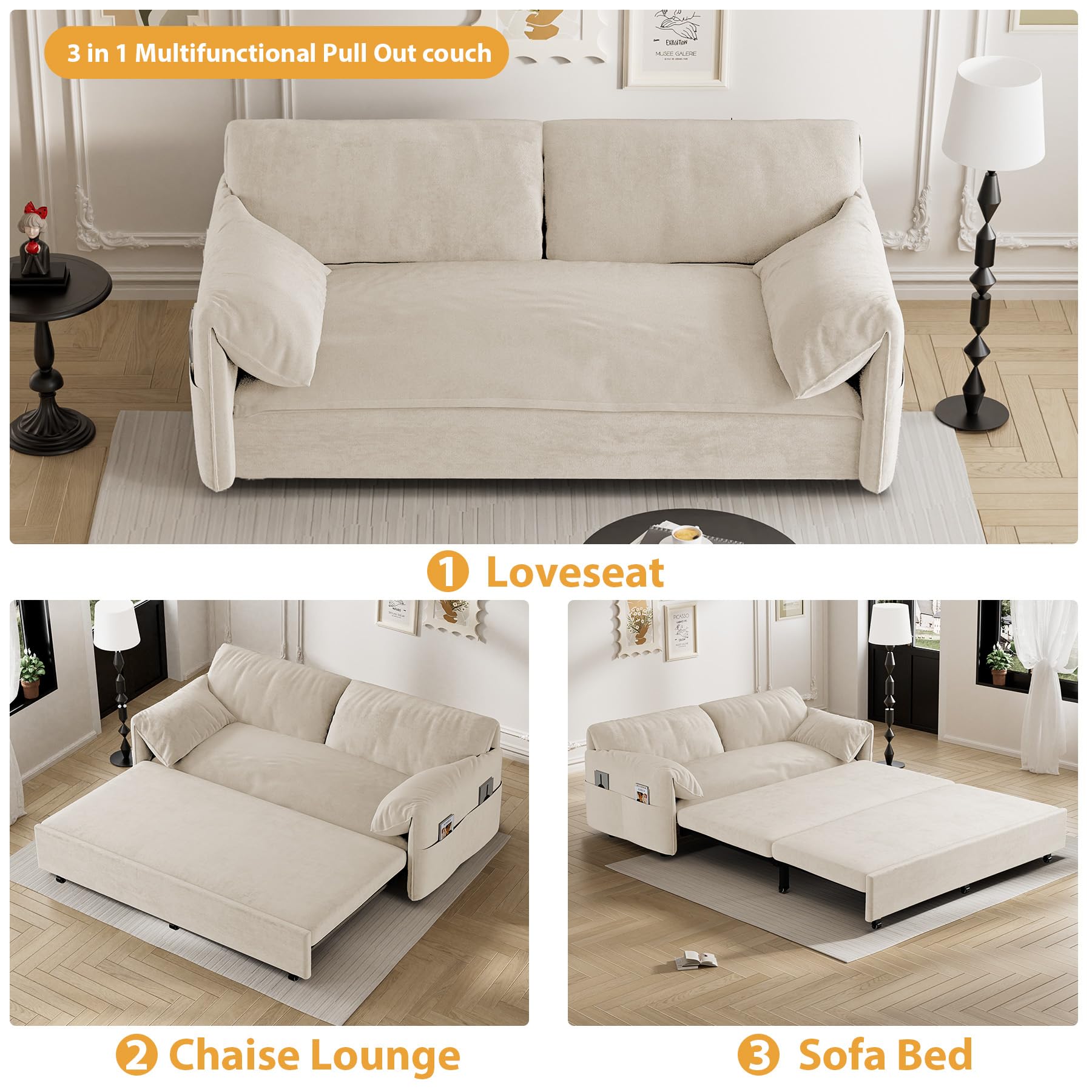 ONEMMLION 63.8" Queen Pull Out Couch Sofa Bed, 3 in 1 Convertible Sleeper Sofa with Side Storage, Velvet Loveseat Futon Comfy Cloud Couches for Living Room, Apartment, Small Space, Beige