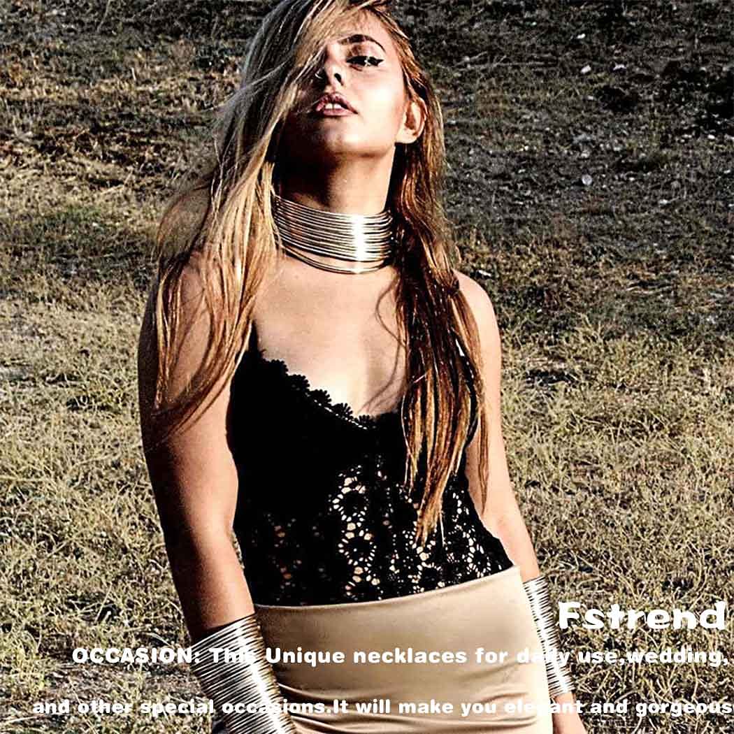 Fstrend Statement Choker Bracelet Earrings Set Gold Plated African Bib Chunky Necklace Costume Party Jewelry Accessories for Women (Silver)