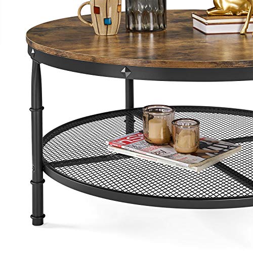 Yaheetech 35.5 inch Round Coffee Table, 2-Tier Rustic Wood Coffee Table for Living Room, Industrial Center Table with Metal Frame and Wood Desktop,Easy Assembly, Rustic Brown