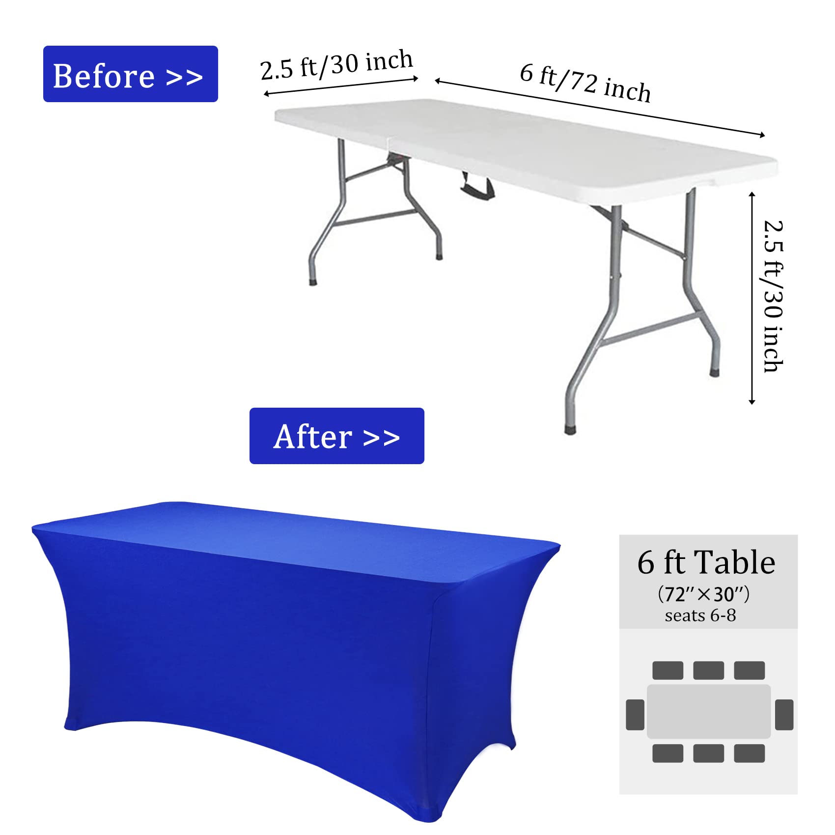 JALANCY 8 Pack 8FT Spandex Table Covers Fitted Rectangle Tablecloth Washable Wrinkle Resistant Stretch Table Cloth for Folding Table Wedding Party Birthday Banquet Bar Events (Royal Blue