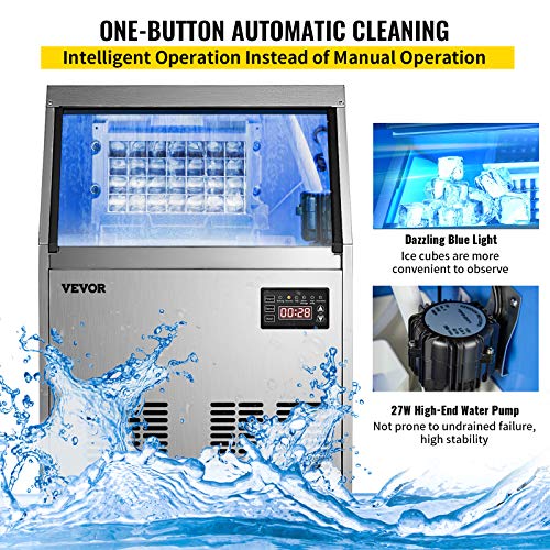 VEVOR Commercial Ice Maker Machine, 110-120LBS/24H with 33LBS Bin Stainless Steel Automatic Operation Commercial Ice Machine for Home Bar, Include Water Filter, Scoop, Connection Hose
