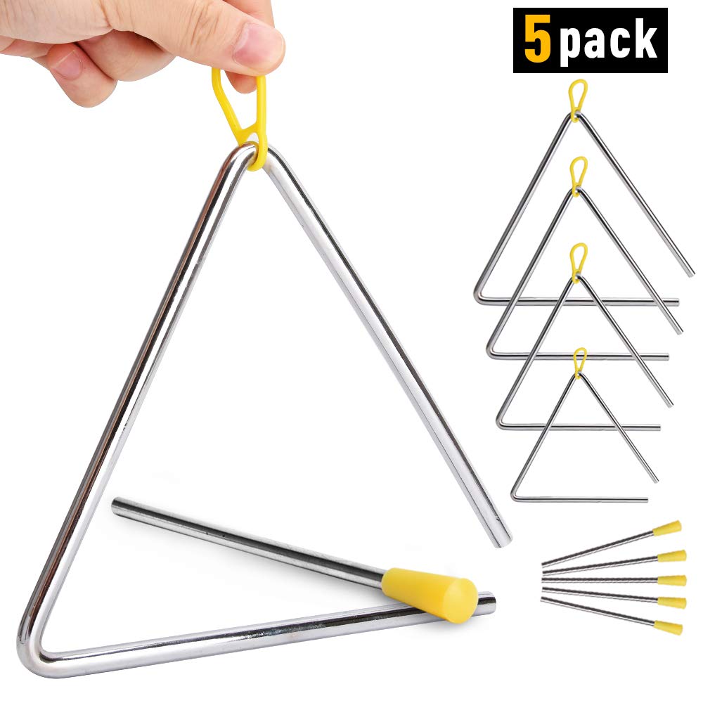 Facmogu 5 Pack Hand Percussion Triangles with Strikers, 5 Sizes, 4" 5" 6" 7" 8" Musical Steel Triangle Instruments for Music Learning Practicing Enlightenment