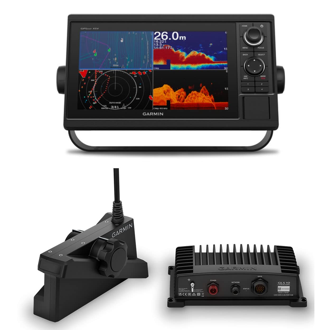 GPS City Garmin LiveScope XR System with GLS 10 and LVS62 Transducer Bundle with Garmin GPSMAP 943xsv 10 inch Chartplotter Combo (010-02719-00 and 010-02366-03), Black