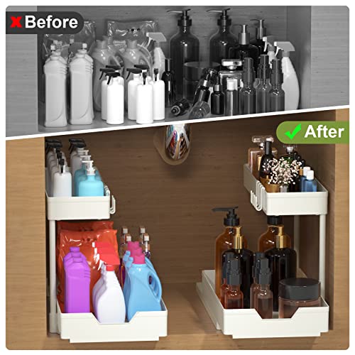 Minimalist Studio Under Sink Organizers and Storage 2 Pack L-Shape Kitchen Bathroom Organization, 2-Tier Sliding Storage Under Bathroom Kitchen Sink Cabinet Organizer Shelf Pull Out with Drawer(White)