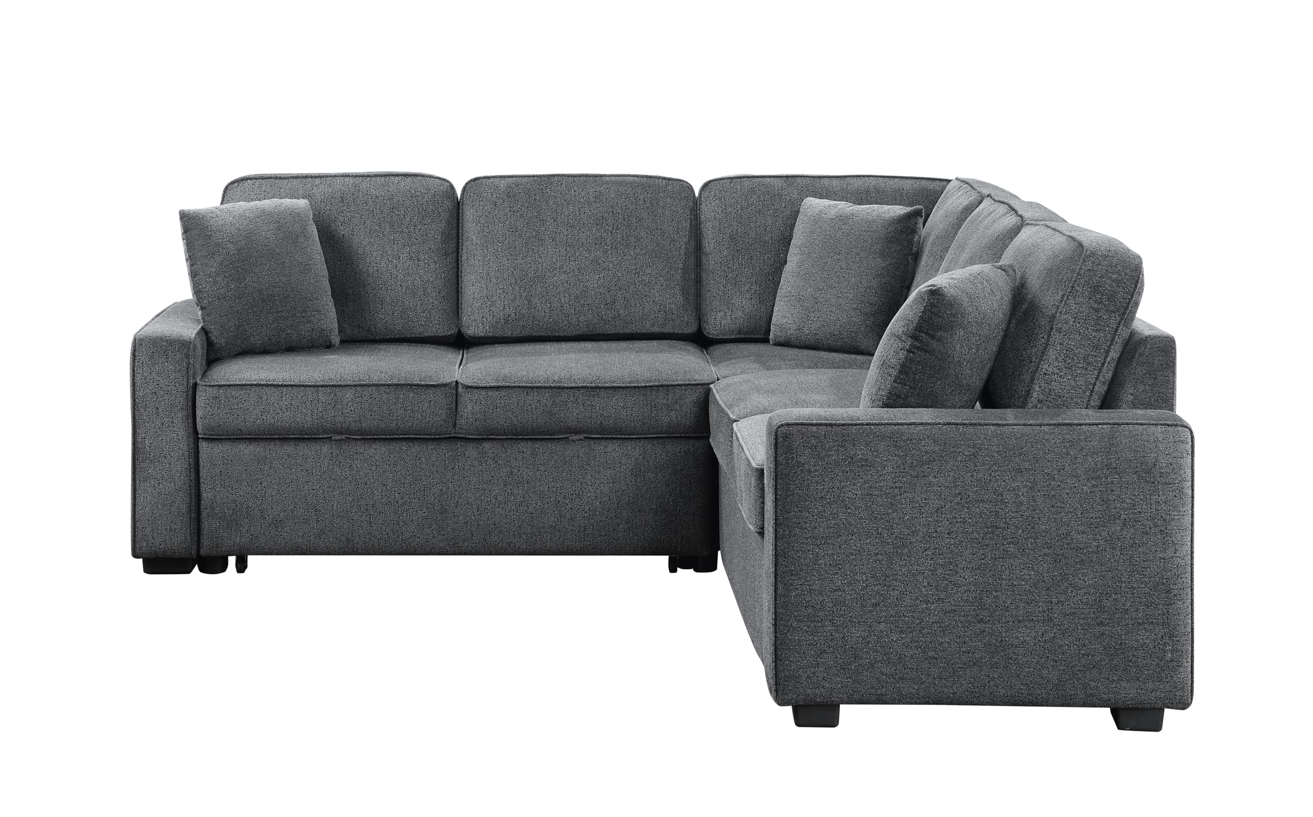THSUPER 82'' Chenille L-Shaped Sleeper Sectional Sofa with Pull-Out Bed & Reversible Convertible Feature for Living Room, 5-Seater with 3 Pillows Included. Dark Grey
