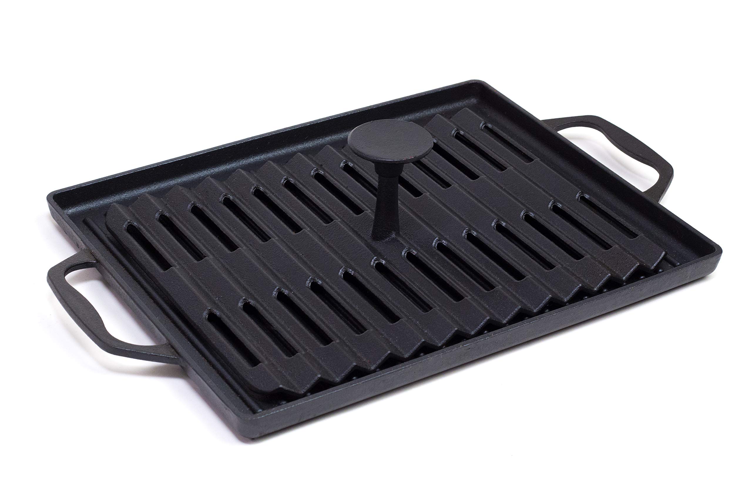Grillville USA Cast Iron Grill Pan and Press, Indoor/Outdoor Grill Pan and Weighted Press Set, Porcelain Enamel Coating, Use on the Stovetop or Grill, Vented Design Keeps Food Crisp