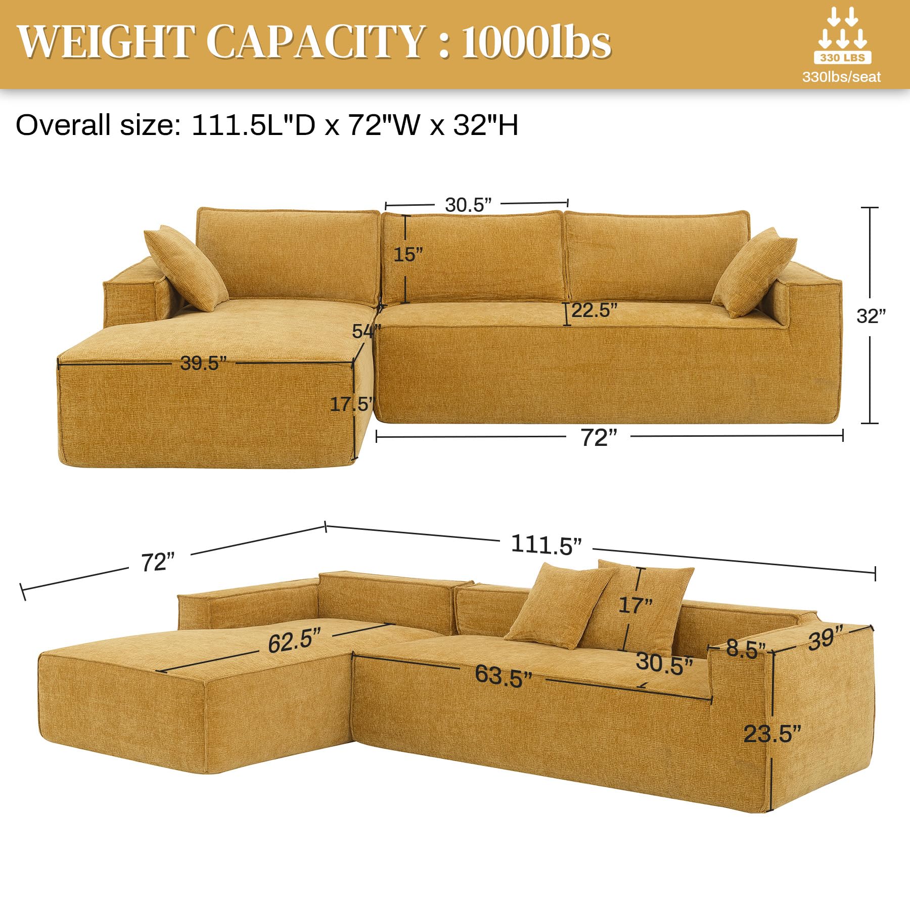 ONEMMLION Modular Sectional Sofa Cloud Couch, 112" Comfy Modern L Shape Sectional Couches for Living Room, Apartment, Fluffy Chenillle Minimalist Convertible Sofa with Chaise Lounge, Yellow
