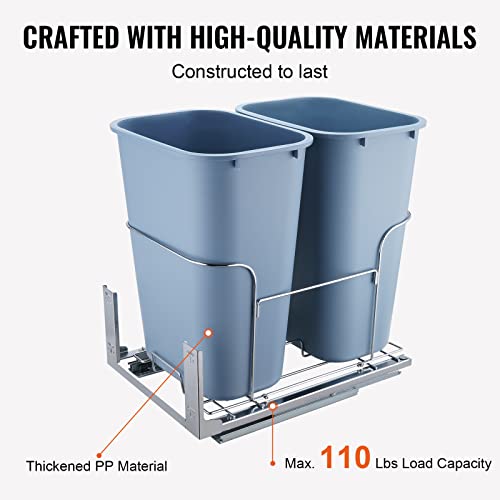 VEVOR Pull-Out Trash Can, 37Qt Double Bins, Under Mount Kitchen Waste Container with Soft-Close Slides, 44 lbs Load Capacity & Door-Mounted Brackets, Garbage Recycling Bin for Kitchen Cabinet, Grey