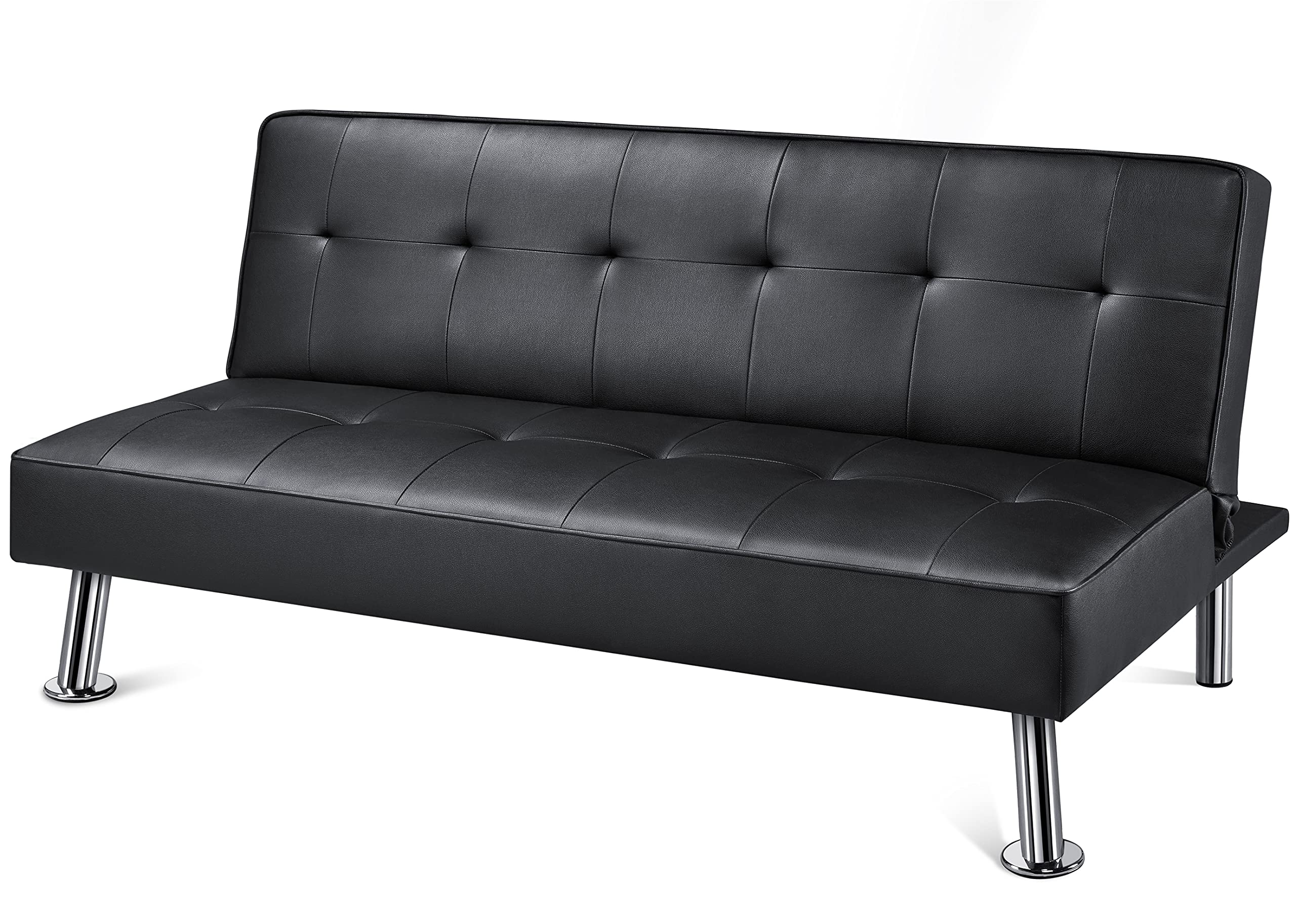 Topeakmart Tufted Faux Leather Sofa Couch Foldable Sofa Sleeper Bed Black Guest Couch Bed Converts to Recliner and Bed