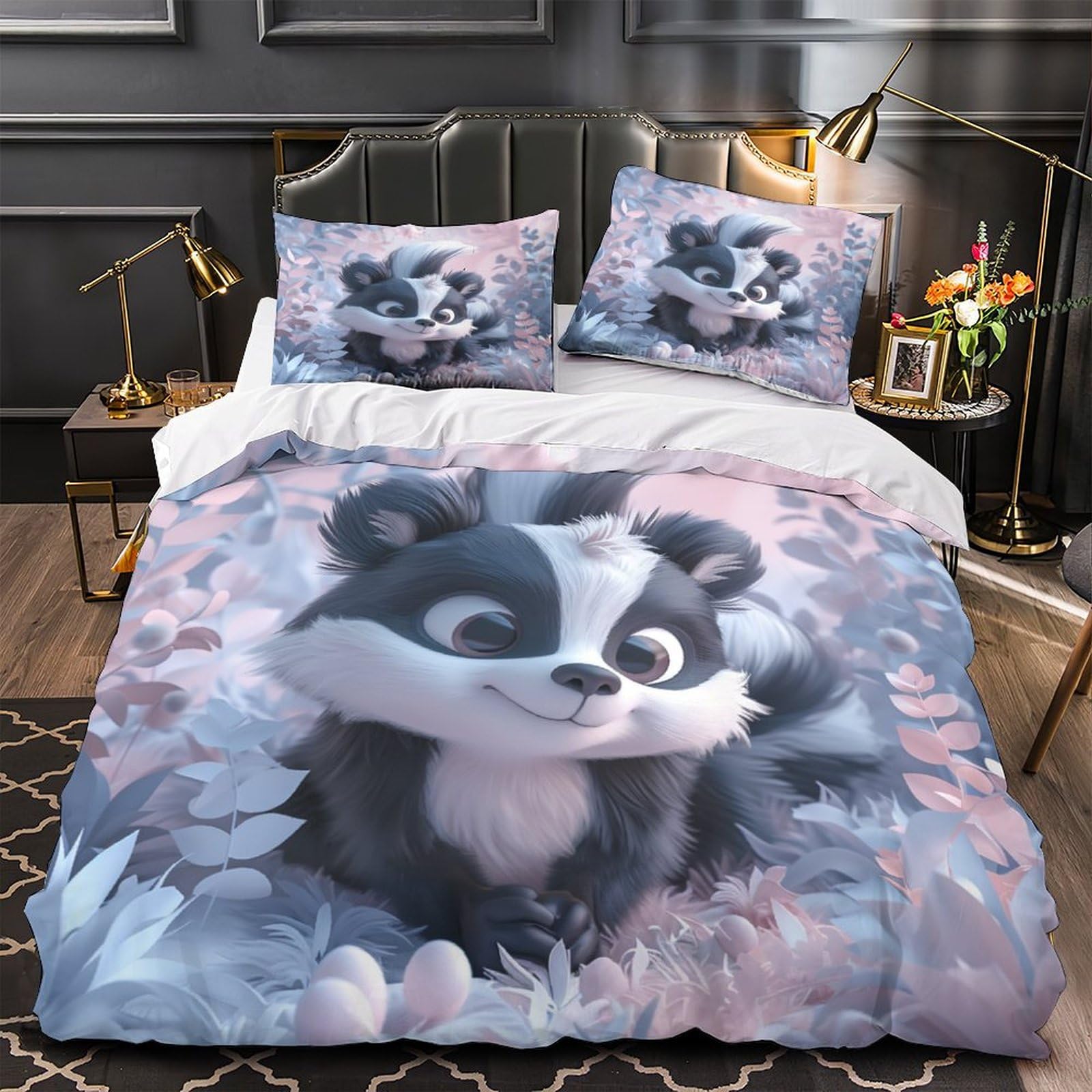 THUBDYEA Skunk Bedding Set 3D PrintedSiberian Sled Dog Quilt Cover Comforter Covers Duvet Cover for Childrens and Adults with Pillowcases Microfiber 3 Pieces with Zipper Closure Queen(228x228cm)
