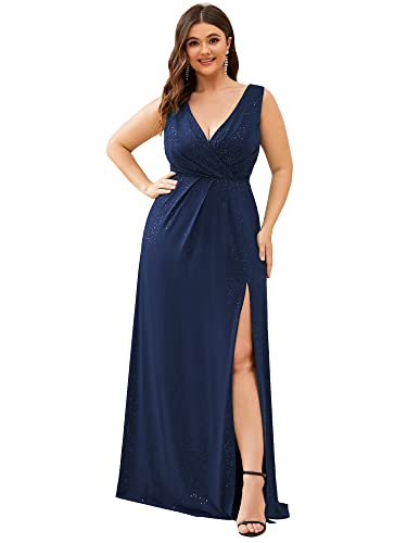 Ever-Pretty Women's Plus Size Double V Neck Sleeveless Open Back Summer Wedding Guest Dresses Navy Blue US14
