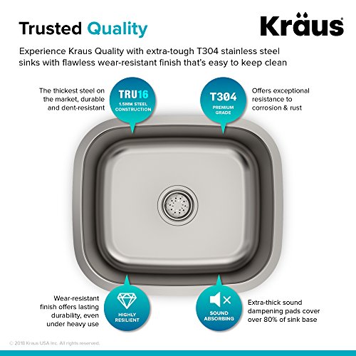 Kraus KBU11 20 inch Undermount Single Bowl 16 gauge Stainless Steel Kitchen Sink