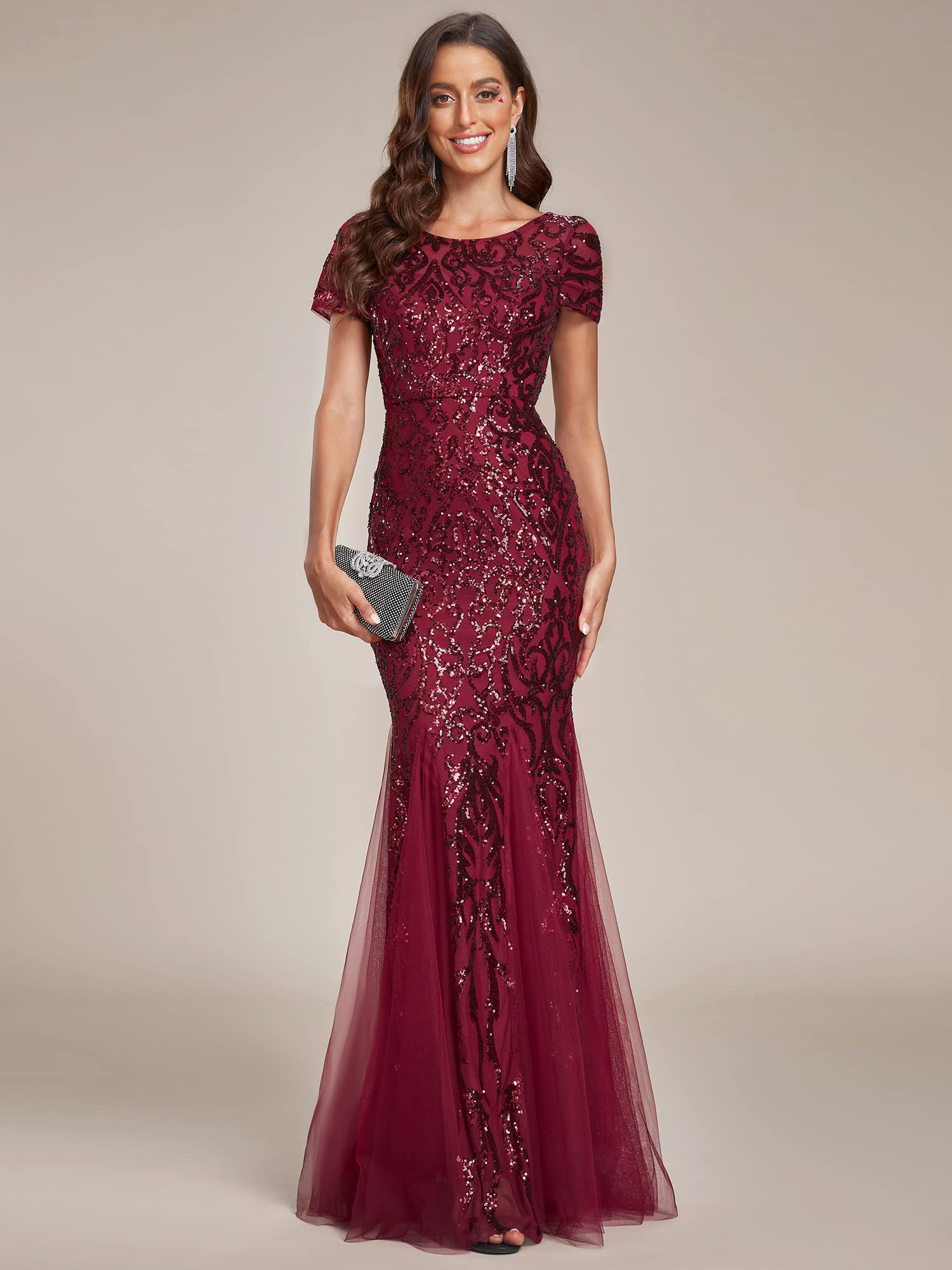 Ever-Pretty Women's Tulle Sequin Bodycon Open Back Mermaid Formal Gowns and Evening Dress Burgundy US8