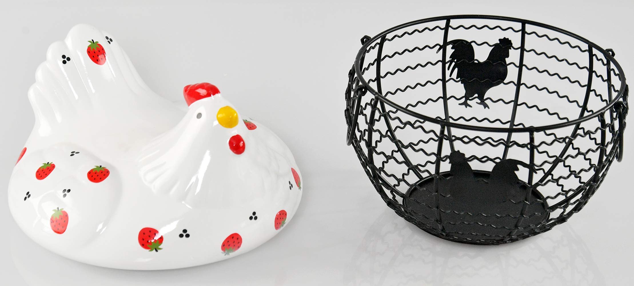 HOME-X Chicken Egg Basket for Egg Storage, Ceramic and Iron Decorative Basket with Chicken Design, Farmhouse Kitchen Decor, Holds 20–25 Eggs, Strawberry Print