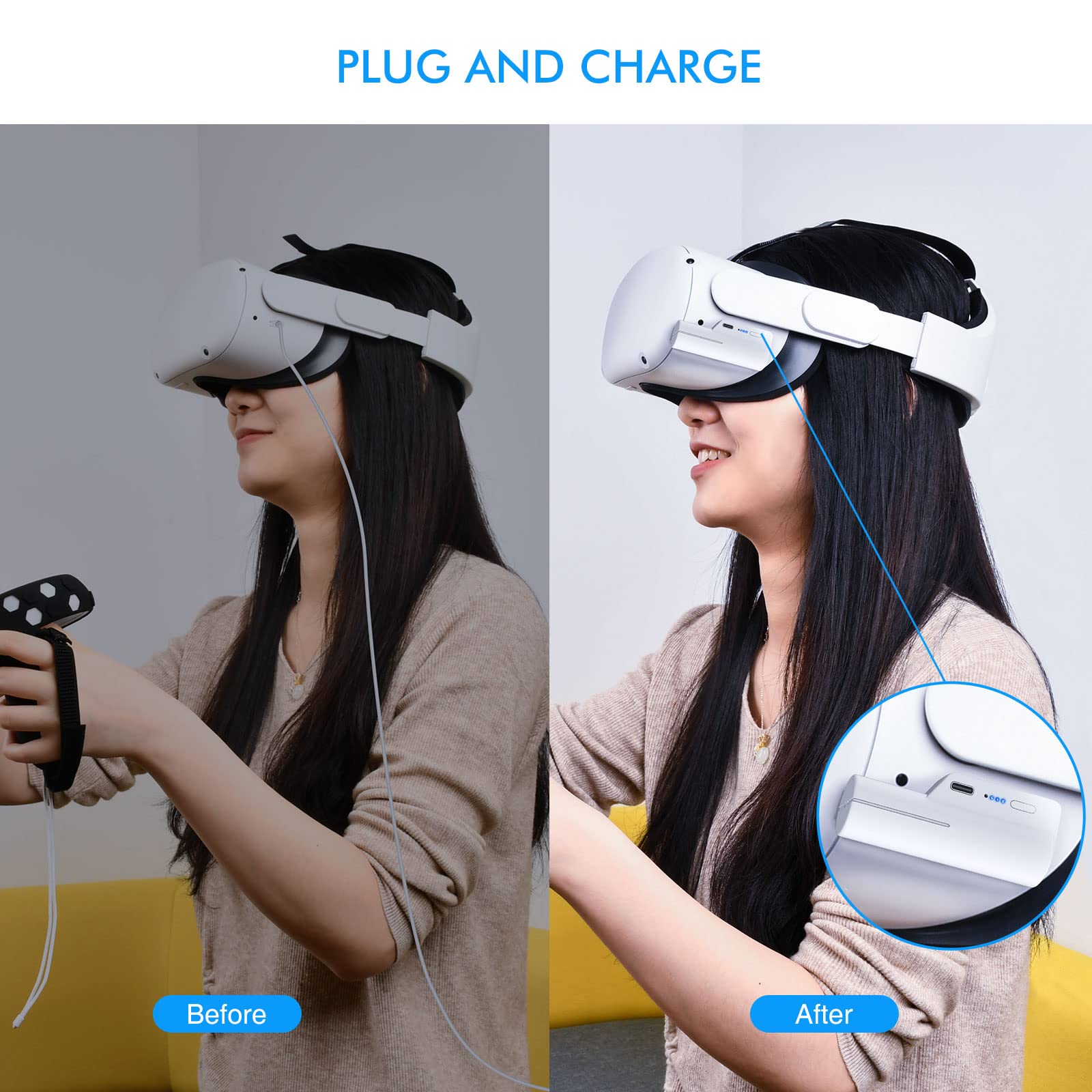 GRADETEK Oculus Quest 2 Battery Pack, Rechargeable 5000mAh for Oculus Quest 2 Original Head Strap and Elite Strap, Fast Charging Extended Batterry Compatible with USB C Phones