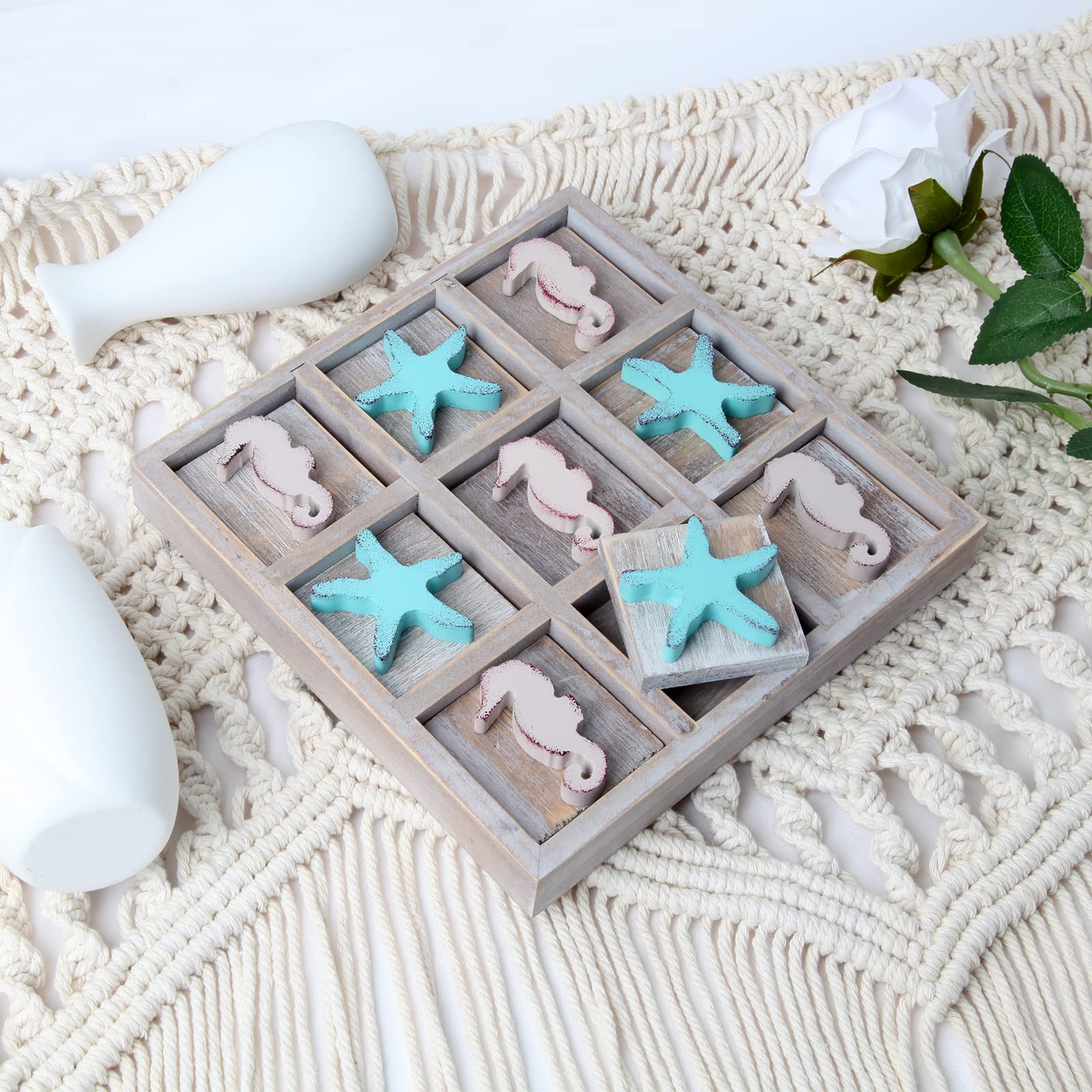 FAMIPLUS Coastal Tic Tac Toe Game Nautical Wooden Tic Tac Toe Board Game for Beach House Coffee Table Desk Decor, Rustic Brown