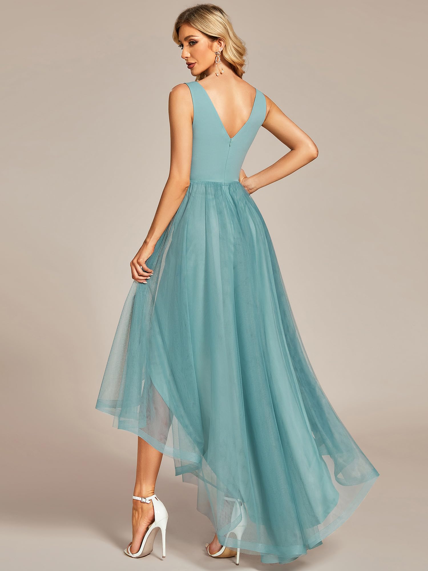 Ever-Pretty Women's Simple A-line Beads Tulle Deep V-Neck Homecoming Dress with Beaded Dusty Blue US8