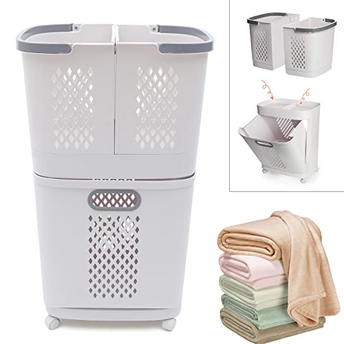 Movable Household Double Laundry Basket Bathroom Clothes Storage Basket with Wheels and Handles Washing Cloths Storage Hamper for Bedroom, Laundry Room, Bathroom
