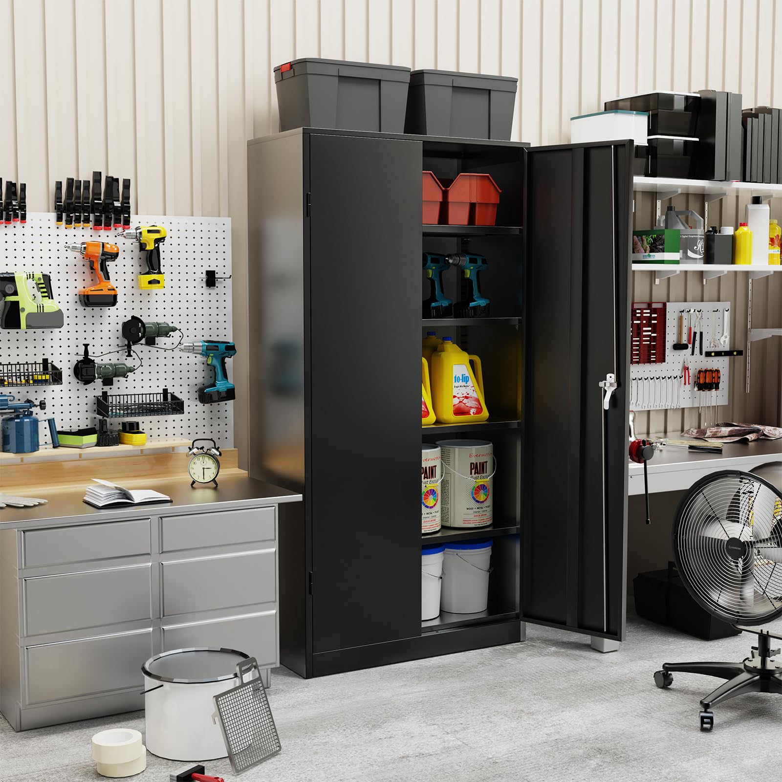 Incbruce 72” Metal Storage Cabinet, Tall Locking Steel Storage Cabinet with 2 Doors and 4 Adjustable Shelves,Lockable Storage Cabinet for Home, Office, Warehouse, Black