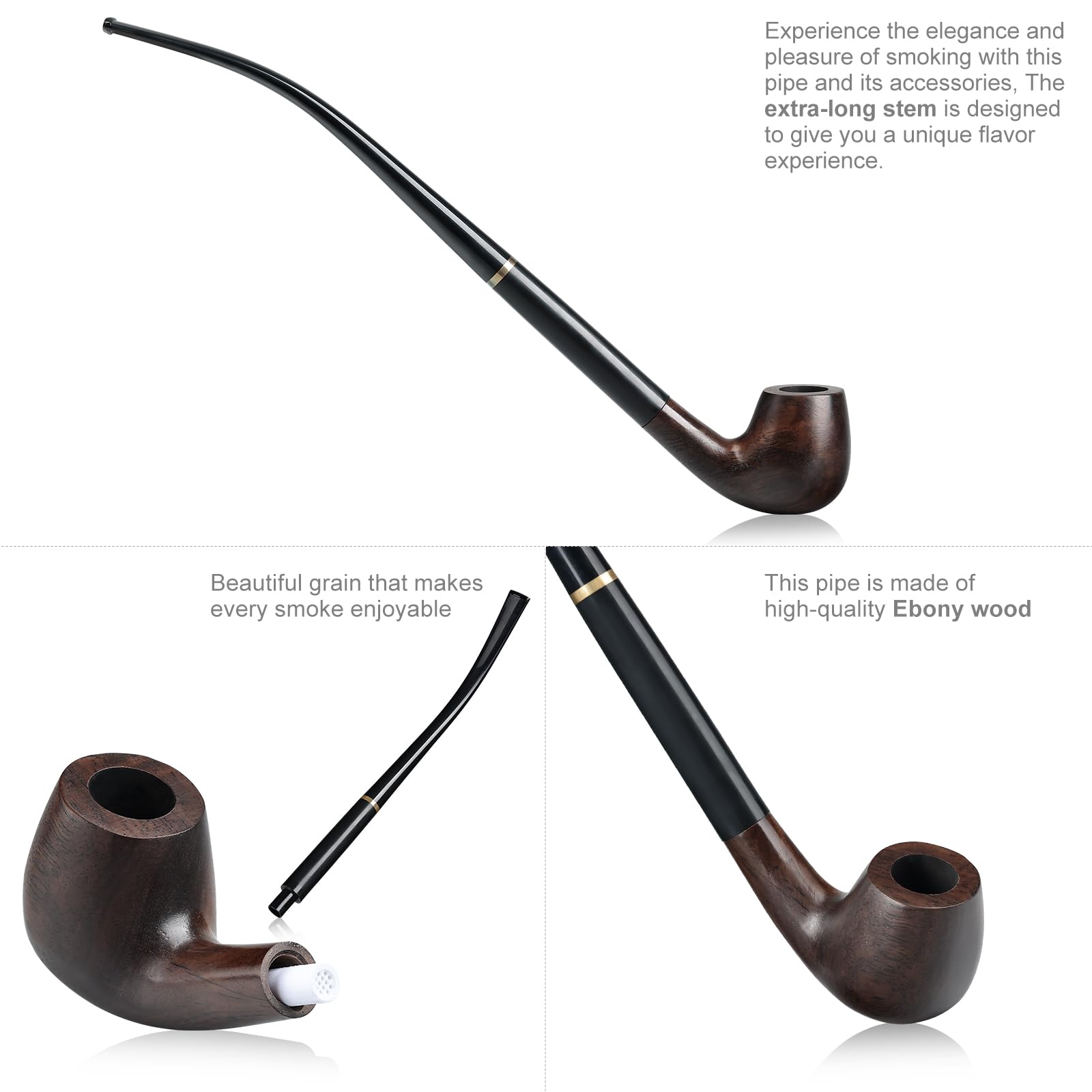 Extended Tobacco Pipe 12" Smoking Pipe Ebony Churchwarden Pipe Gandalf Pipe for 9mm Pipe Filters with Wood Pipe Guide Book