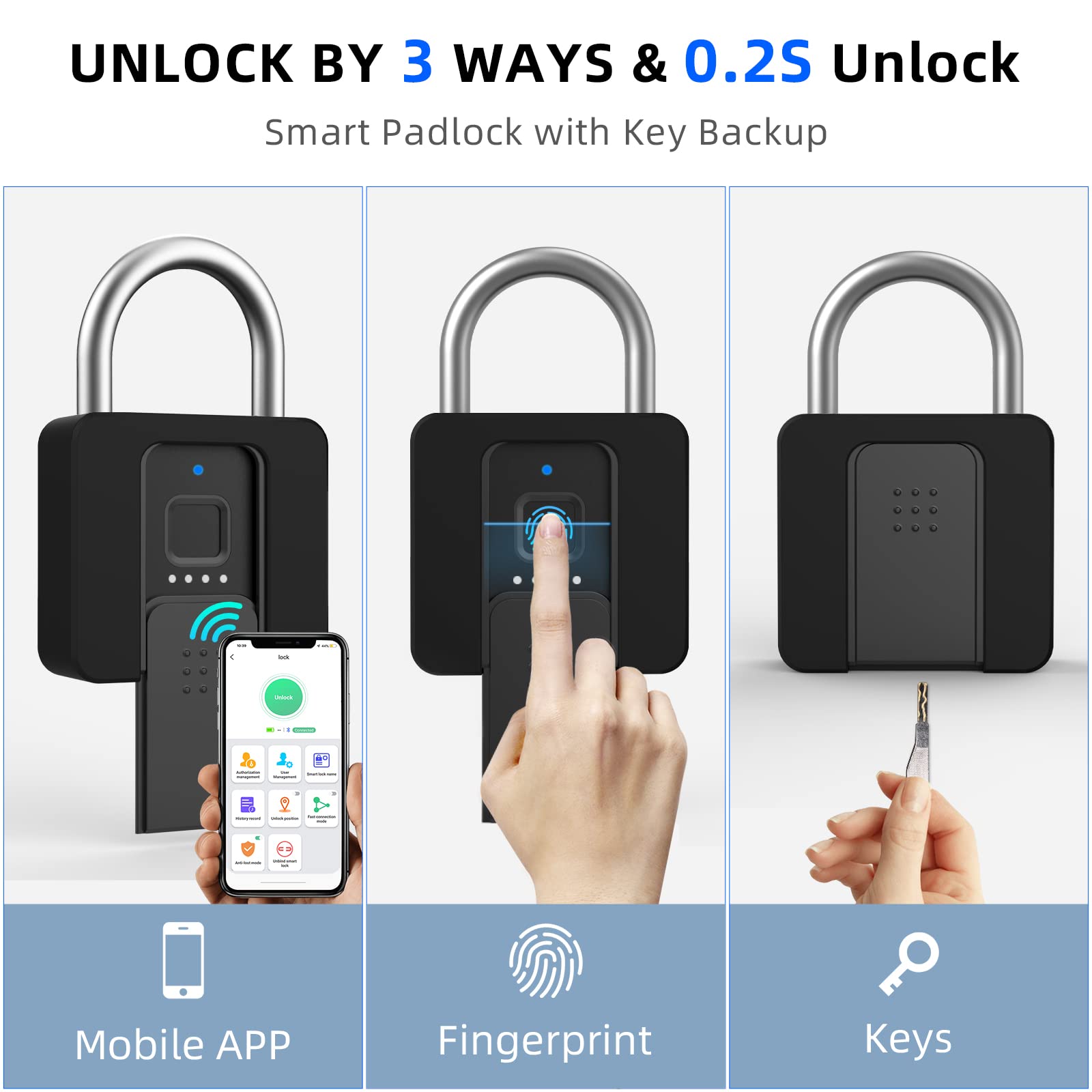 eLinkSmart Heavy Keyed Padlock with Silicone Cover, Phone App/ Fingerprint/ Key Backup