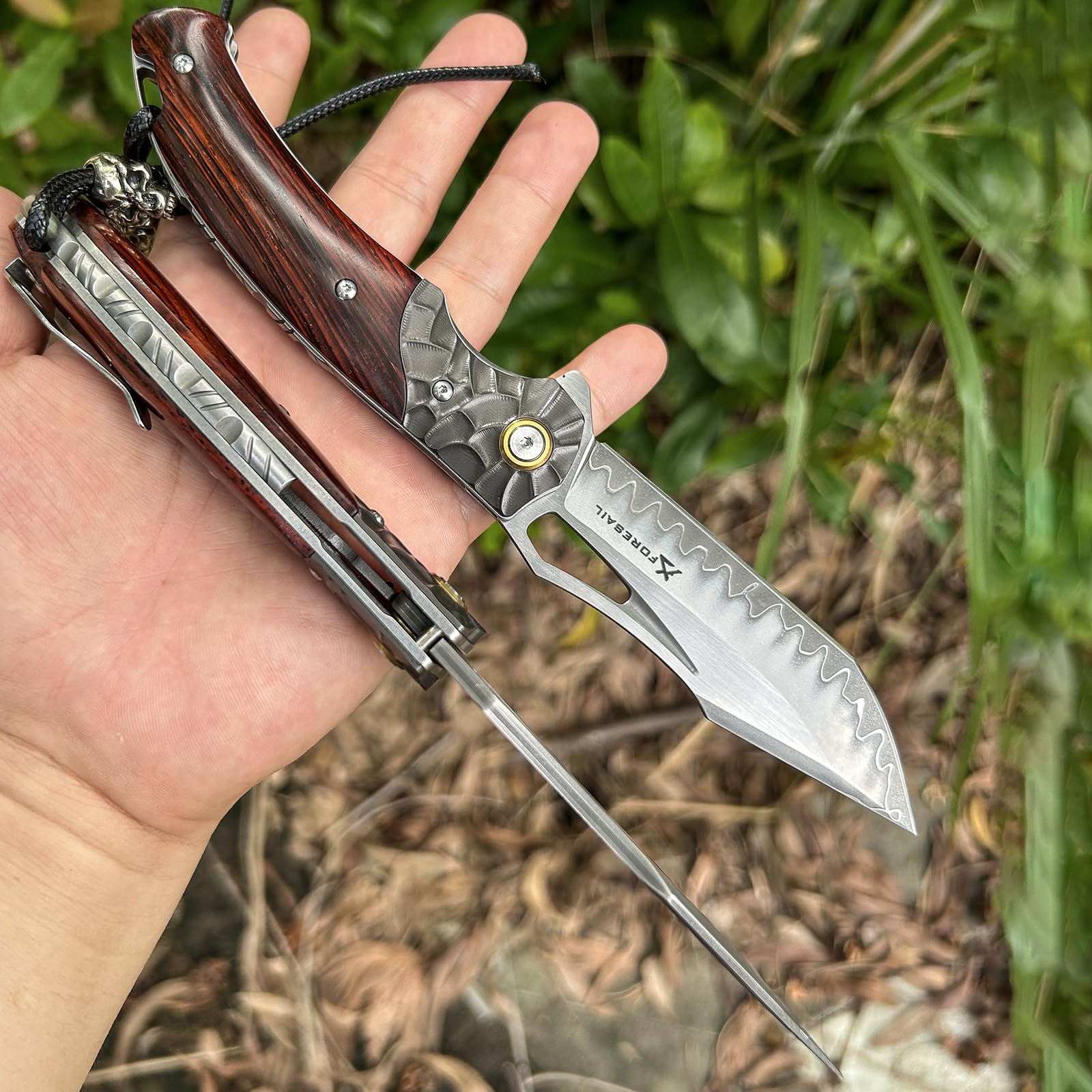 FORESAIL Flipper Folding Pocket Knife,SKD11 Steel Blade and Wood Handle. With leather case,men's Tactical pocket knife hiking trip EDC tool Knife. (Rosewood Handle)
