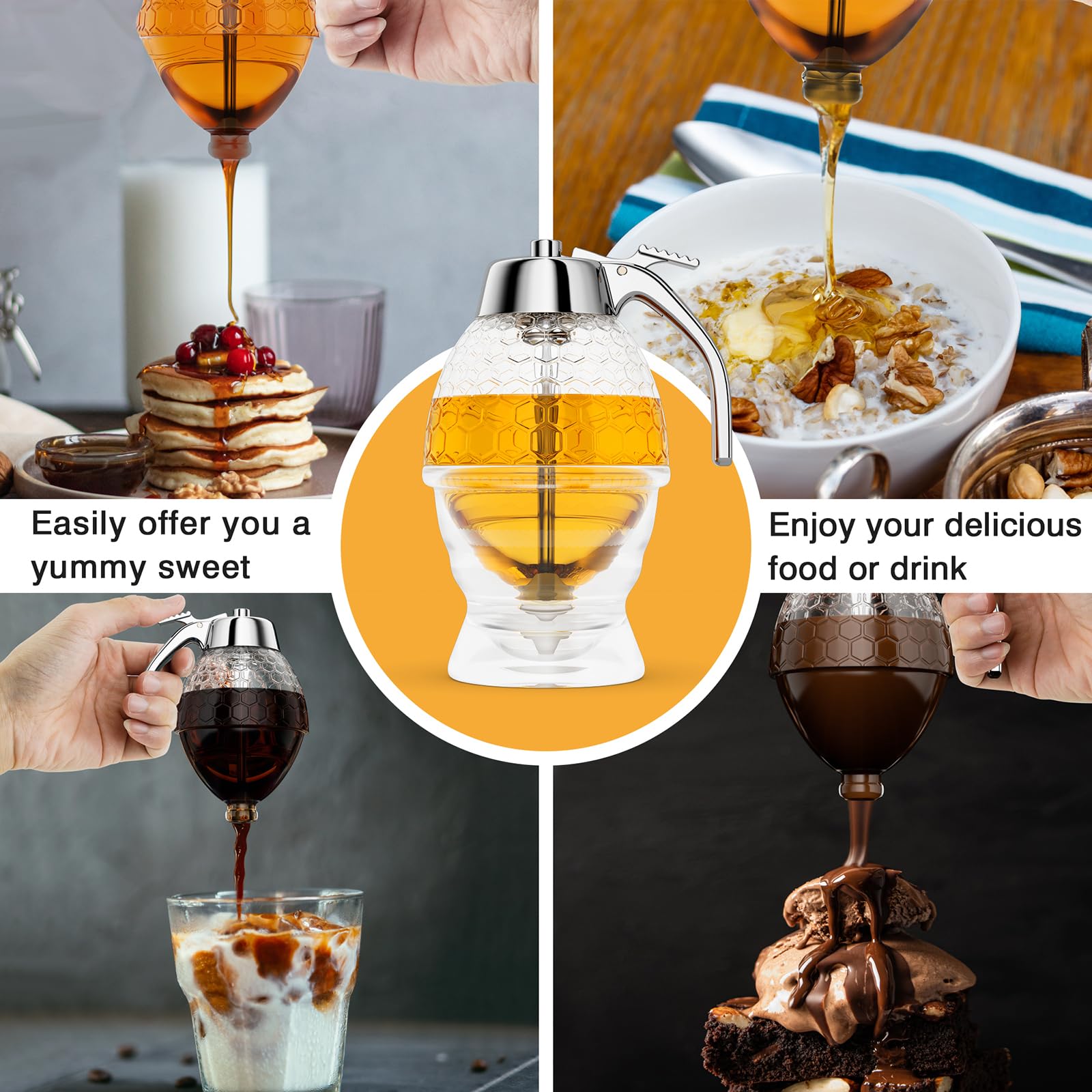 Honey Dispenser No Drip Glass, Maple Syrup Dispenser, Honey Jar with Stand, 8 oz Beautiful Honey Comb Shaped Honey Pot, Perfect Bee Decoration for Home Kitchen