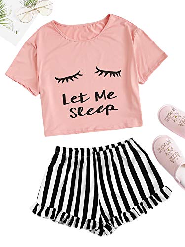 WDIRARA Women's Sleepwear Closed Eyes Print Tee and Shorts Cute Pajama Set Pink XS