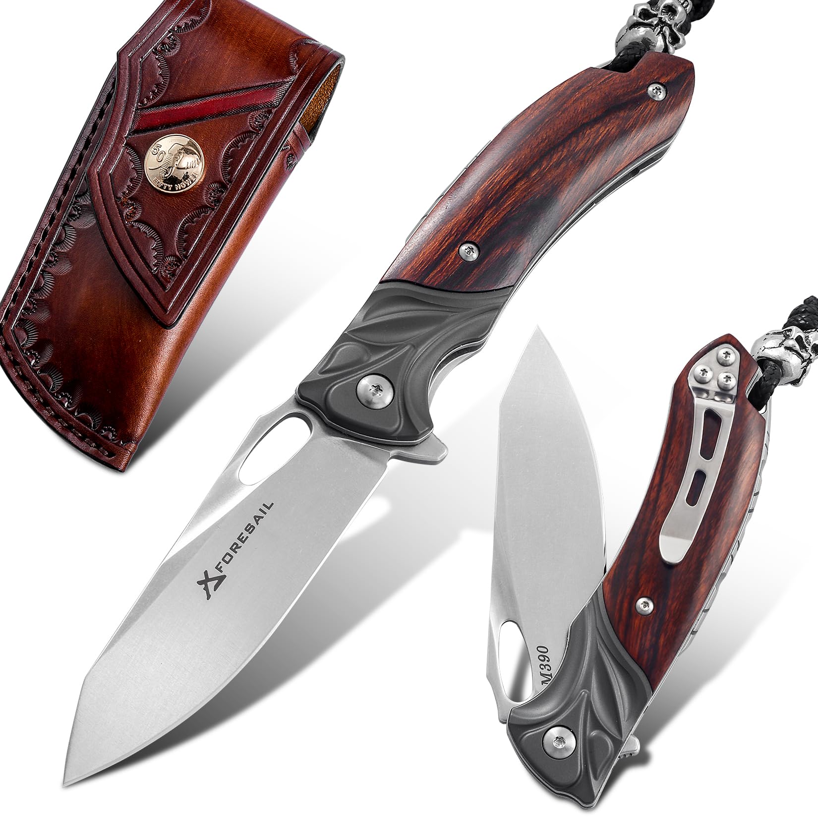 FORESAIL Folding Pocket Knife, 3.26" M390 Steel Blade Desert Ironwood Handle Small EDC Knife with Pocket Clip and leather case,Camping Survival Hiking Tool (Raffir Handle)
