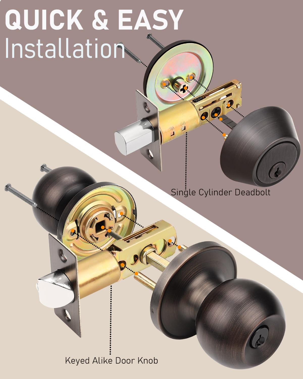 Exterior Deadbolt and Door Knob Set, Oil Rubbed Bronze Entry Door Locksets with Single Cylinder Deadbolt, 3 Pack Keyed Alike Door Lockset with Over 250000 Cycles