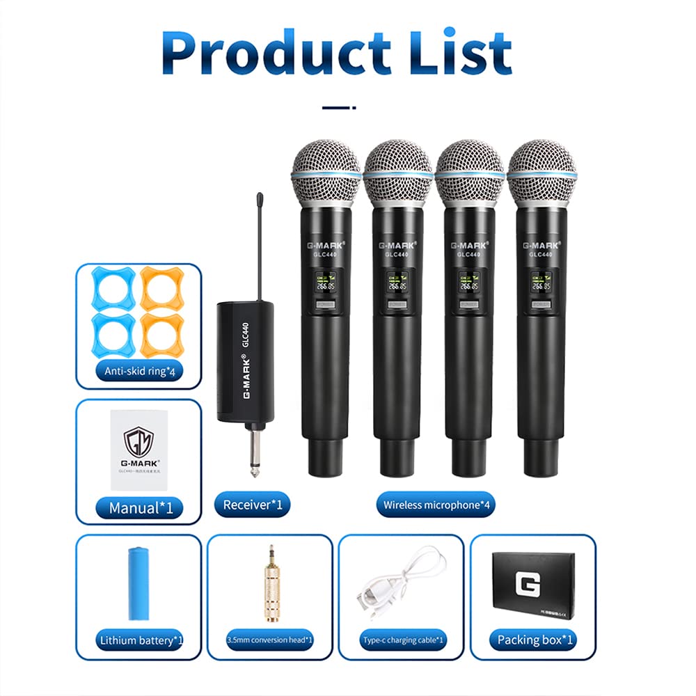 G-MARK Wireless Microphone, VHF Metal 4 Handheld Cordless Dynamic Mic System with Rechargeable Receiver, for Karaoke, Wedding, DJ, Party, Speech, Church, Class Use, (160 ft Range)-Auto Connect