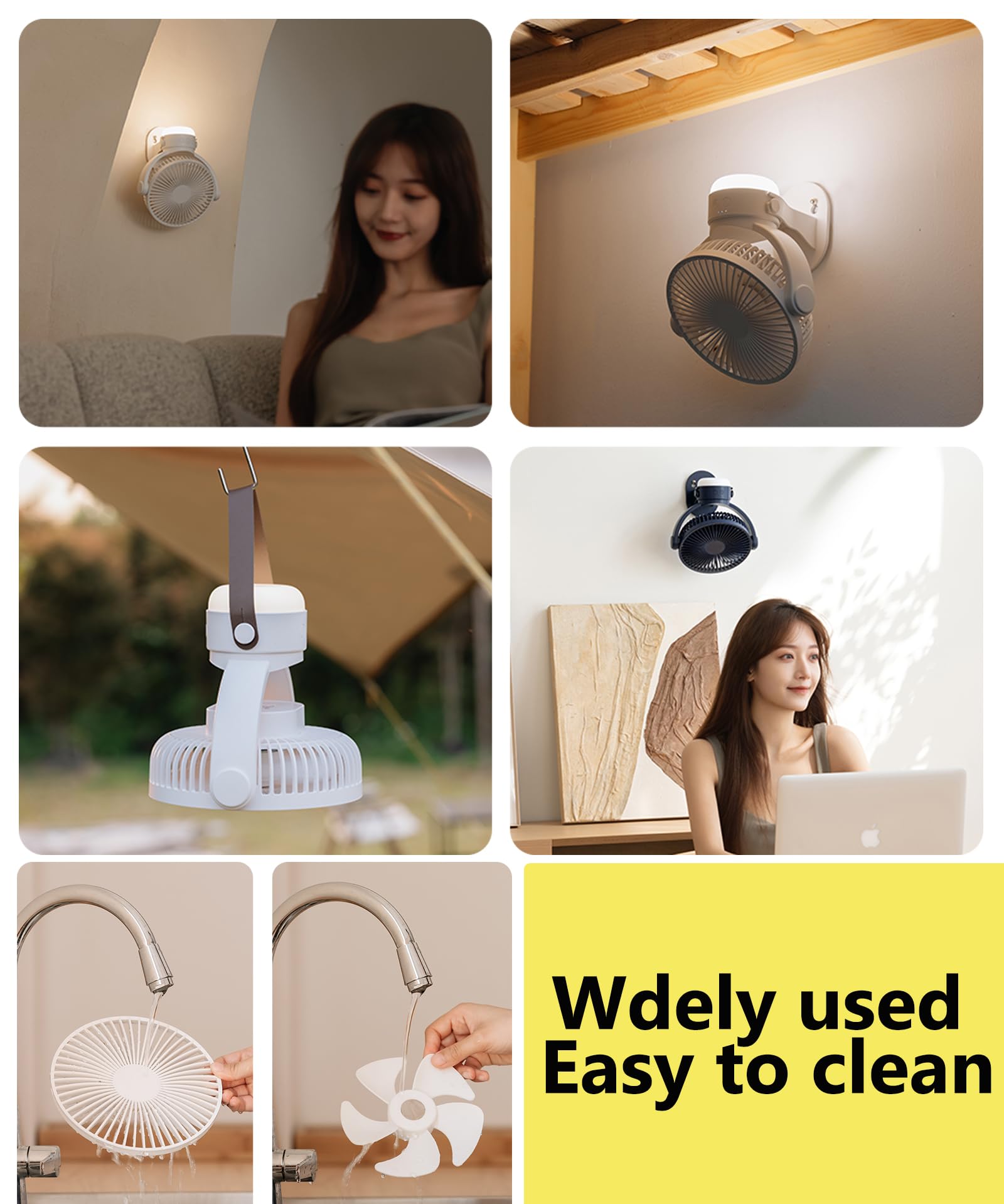 HonHey Portable Wall Mount Fan, 4000 mAh Oscillating Battery Operated Fan with Remote and LED Light, 3 Speeds, 4-10 Working Hours Timer Function, 7 Inch Outdoor Ceiling Fan for Garage Bedroom Gym RV
