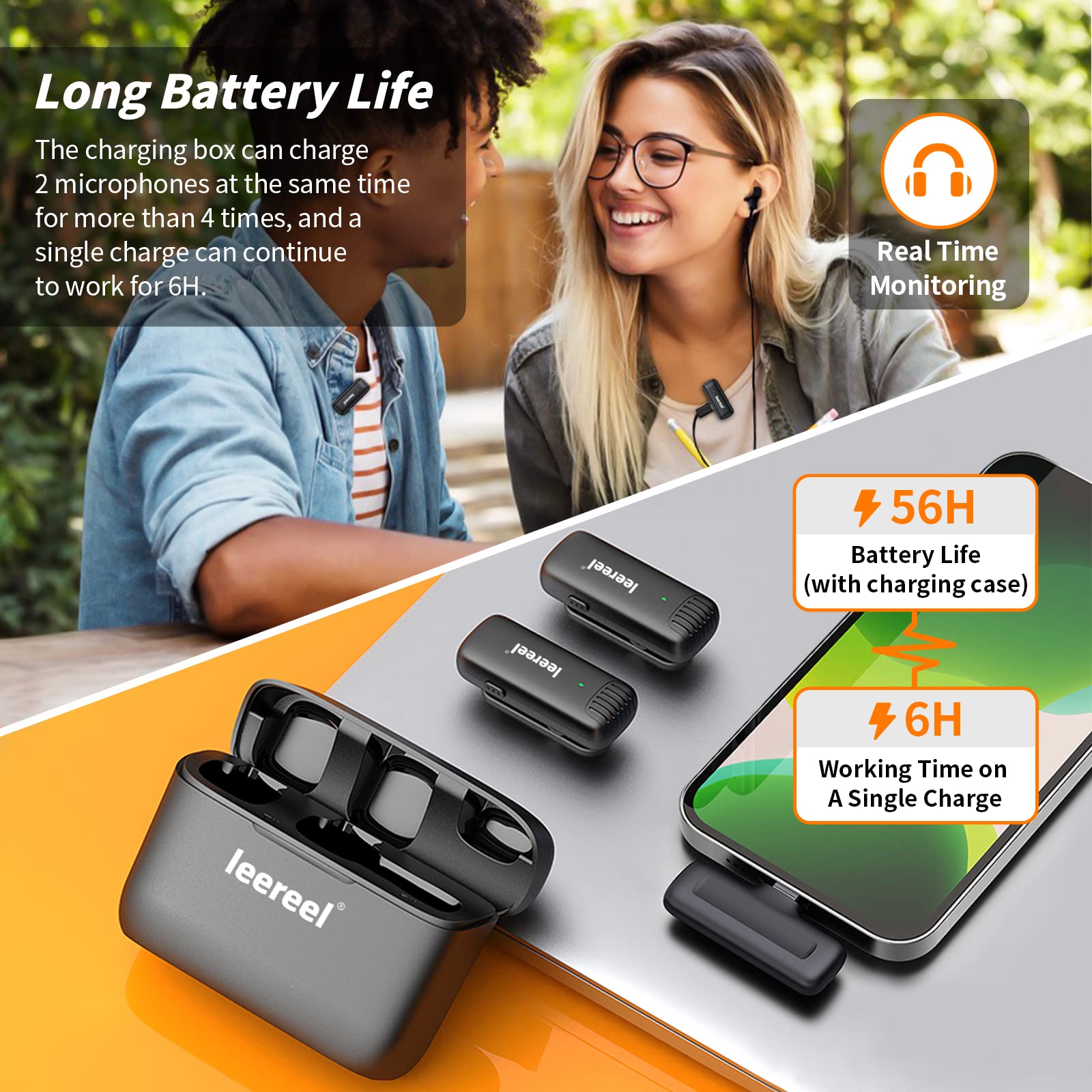 Leereel 2 Pack Wireless Lavalier Microphones for iPhone iPad, Plug-Play Lapel Mics with Charging Case for Video Recording, Tiktok, Live Stream, Vlog - Noise Reduction, No APP & Bluetooth Needed
