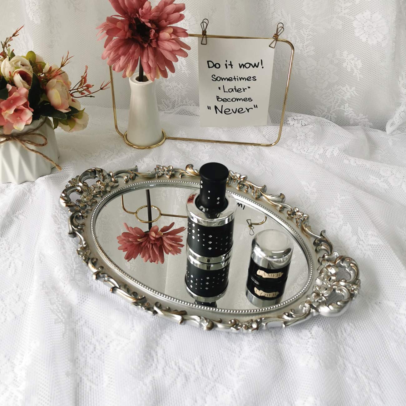 Ham Oval Floral Wall Mirror Tray, Dresser Organizer Tray, Decorative Perfume Mirror Tray, Serving Tray, 9.5’’ X 14.5’’, Silver