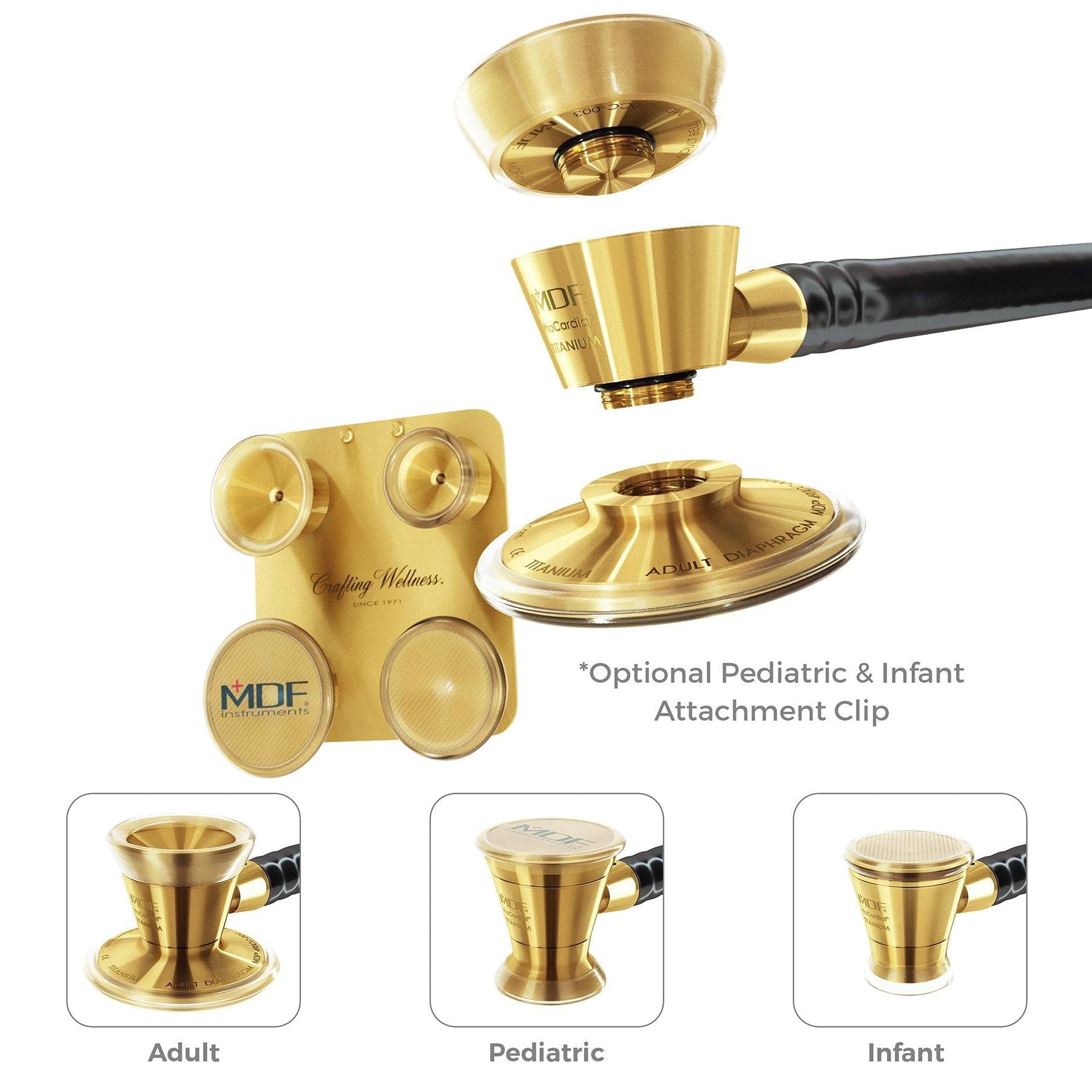MDF Instruments Mermaid Gold ProCardial Cardiology Stethoscope + MDF Pediatric and Neonatal Attachments with Clip