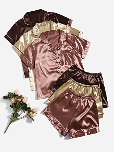 SOLY HUX Women's 3 Set Satin Pajama Set Short Sleeve V Neck Collar Button Down Shirt Top with Shorts Sleepwear Brown Yellow Multi S