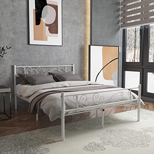 Weehom Full Size Bed Frame with Headboard Under Storage Metal Platform Bed Steel Slat Support, White