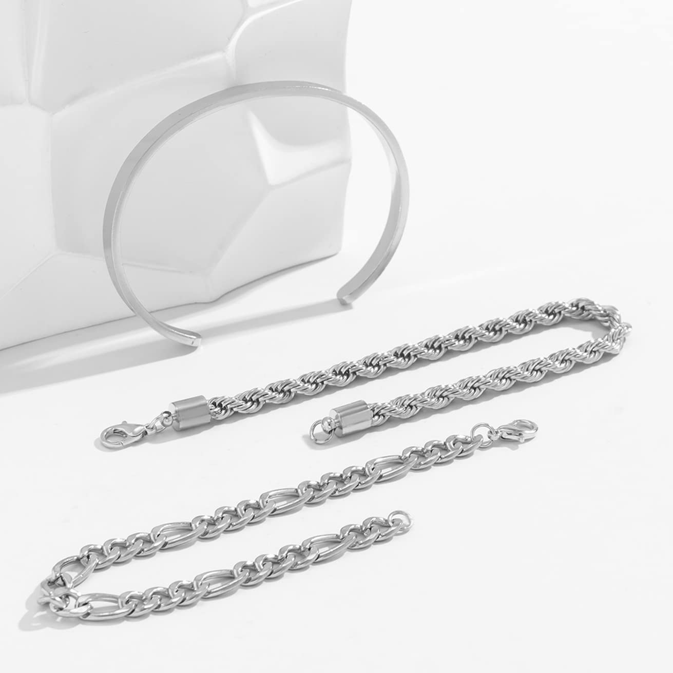 GIFIKOI Men's Cuff Bracelets Stainless Steel Silver Chain Bracelet for Men Silver Open Cuff Bracelet