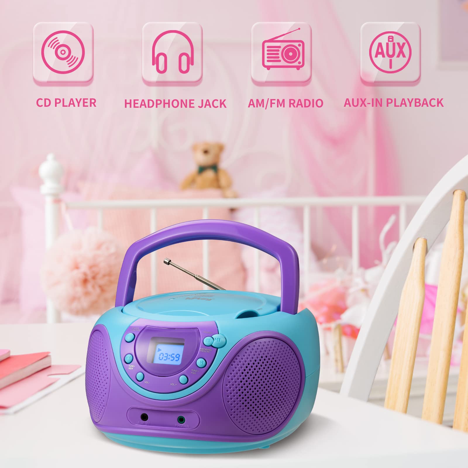 hPlay Gummy P16 Portable CD Player Boombox AM FM Digital Tuning Radio, Aux Line-in, Headphone Jack, Foldable Carrying Handle (Violet)